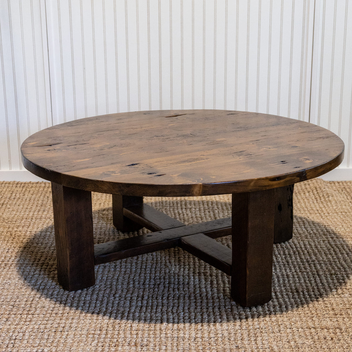 Coffee Table Round Cross Base - Reclaimed Barnboard – simplycottage